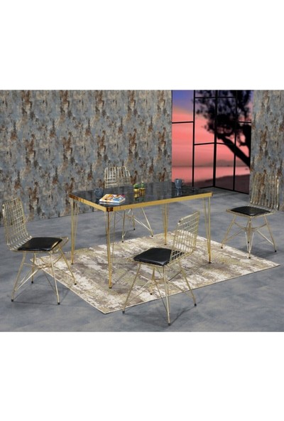 Avvio Azra 4 Kişilik Siyah Mermer Görünümlü Metal Mutfak Masası Takımı-Gold Tel Sandalyeli 80X120 cm Avvio Azra 4 Kişilik Siyah Mermer Görünümlü Metal Mutfak Masası Takımı-Gold Tel Sandalyeli 80X120 cm