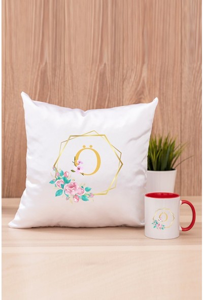 Panorama Promosyon Ö Harfi Geometrik Tasarım Kırmızı Kupa Bardak ve Kare Yastık Seti