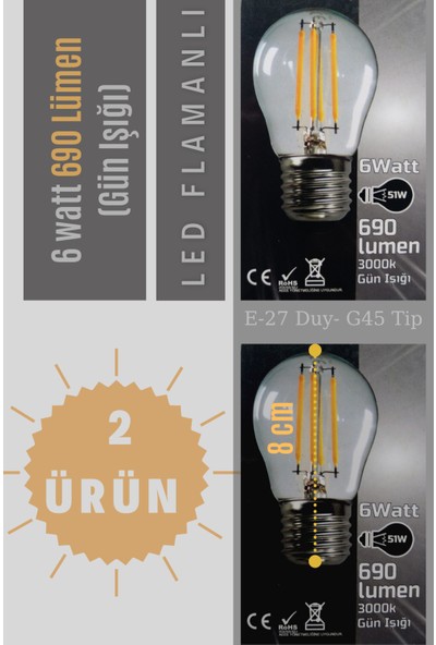 Luzarana 2 Adet E27 G45 -6 Watt Gün Işığı 690 Lümen - Filament Edison Tip Rustik LED Top Ampül Luzarana 2 Adet E27 G45 -6 Watt Gün Işığı 690 Lümen - Filament Edison Tip Rustik LED Top Ampül