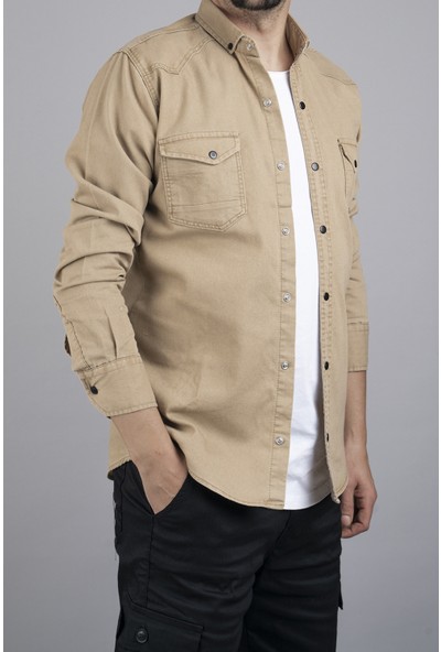 Bombe Slim Fit Erkek Kot Gömlek Bej