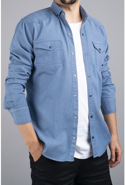Slim Fit Erkek Kot Gömlek Mavi