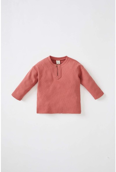 DeFacto Erkek Bebek Bisiklet Yaka Pamuklu Waffel Dokulu Uzun Kollu Tişört W9437A222SP
