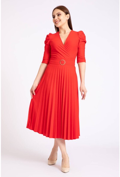 Giyim Dünyası Kadın Piliseli Truvakar Kol Elbise Kırmızı