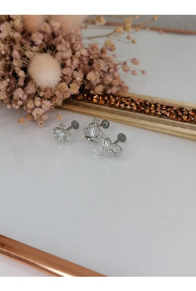 Takıdan Zirkon Taç ve Baykuş Cerrahi Çelik Kıkırdak Tragus 3lü Kombin Piercing 8mm