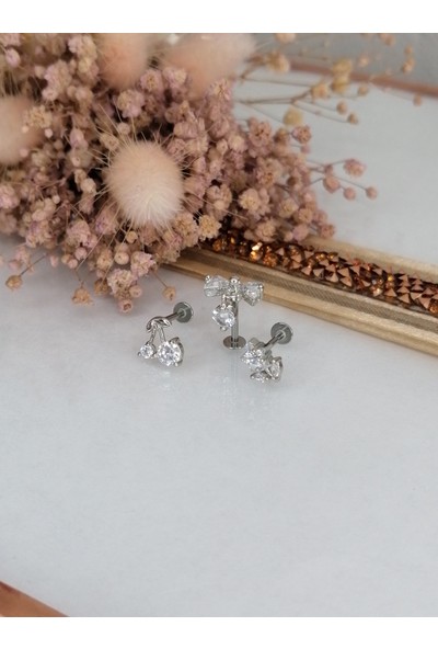 Takıdan Zirkon Gül Fiyonk Kiraz Cerrahi Çelik Kıkırdak Tragus 3lü Kombin Piercing 8mm