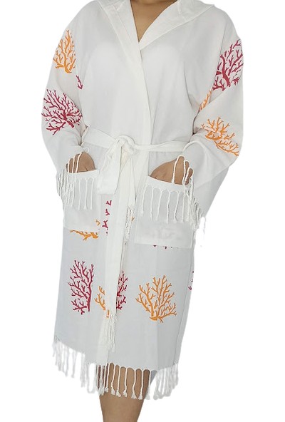 Acartekstil Turuncu Baskılı Mercan Bambu Peştemal Bornoz