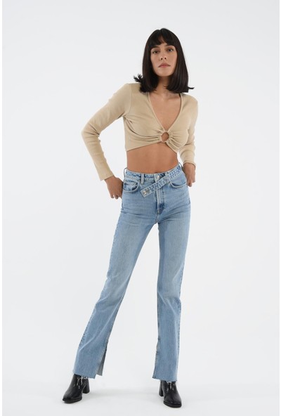 Cross Jeans Açık Mavi Slim Straight Paçası Yırtmaçlı Çapraz Kemerli Jean Pantolon C 4556-006