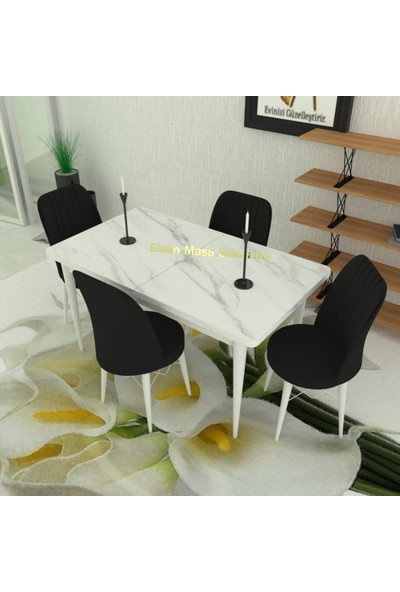 Elgün Masa Sandalye Beyaz Mermer Desen Masa 4 Gold Sandalye