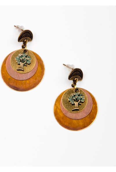 Lila Rosa Hayat Ağacı Figürlü Otantik Bakır Küpe