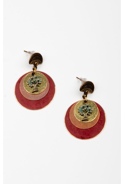 Lila Rosa Hayat Ağacı Figürlü Otantik Bakır Küpe