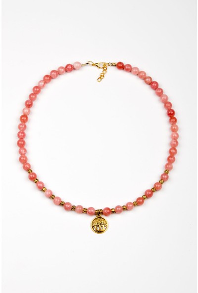 Lila Rosa Doğal Taşlı Etnik Otantik Kolye