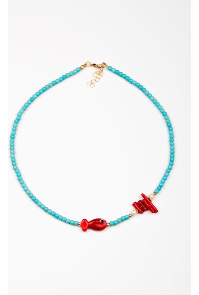 Lila Rosa Balık Figürlü Mercan Doğal Taşlı Kolye