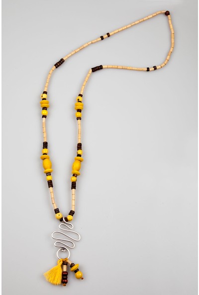 Lila Rosa Ahşap Boncuklu Otantik Bohem Uzun Kolye