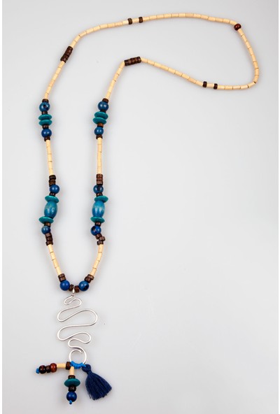 Lila Rosa Ahşap Boncuklu Otantik Bohem Uzun Kolye