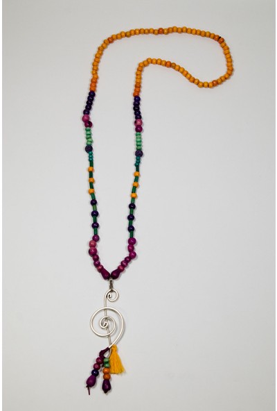 Lila Rosa Ahşap Boncuklu Otantik Bohem Uzun Kolye