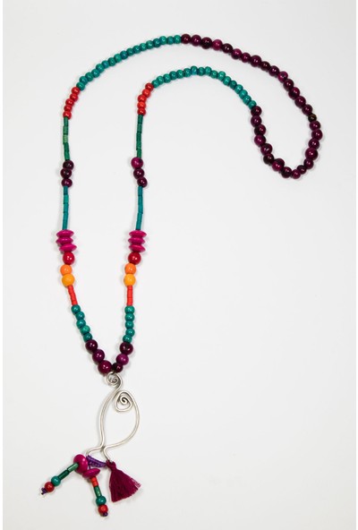 Lila Rosa Ahşap Boncuklu Otantik Bohem Uzun Kolye