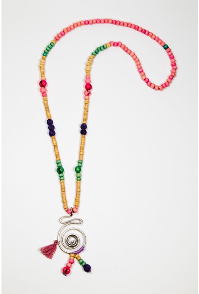 Lila Rosa Ahşap Boncuklu Otantik Bohem Uzun Kolye