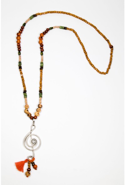 Lila Rosa Ahşap Boncuklu Otantik Bohem Uzun Kolye