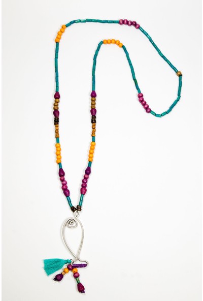 Lila Rosa Ahşap Boncuklu Otantik Bohem Uzun Kolye