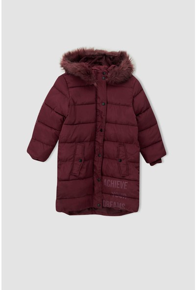 DeFacto Kız Çocuk Regular Fit Baskılı Suni Kürklü Kapüşonlu Uzun Mont Parka U4319A621WN