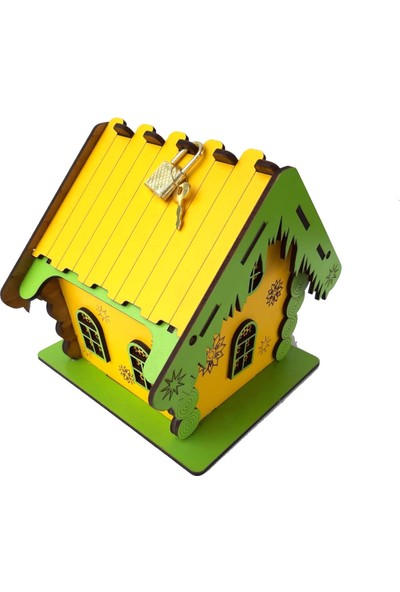 Akbak Market Akbak Ahşap Sarı Dağ Ev Şekilli Kilitli Kumbara 12X14X14 Akbak Market Akbak Ahşap Sarı Dağ Ev Şekilli Kilitli Kumbara 12X14X14