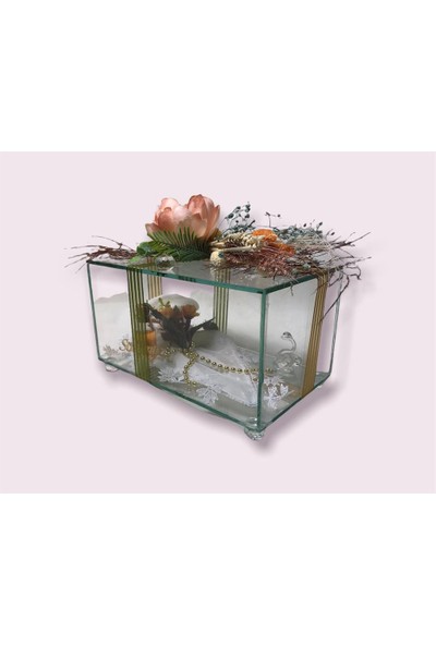 ExtraSepetim Dikdörtgen Çiçekli Söz Nişan Fanusu (Kristal Ayaklı)