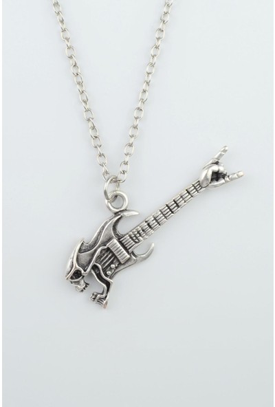 Bu Farklı Kuru Kafa Elektro Gitar Erkek Kadın Kolye Antik Gümüş Kaplama - 60 cm Düz Zincir
