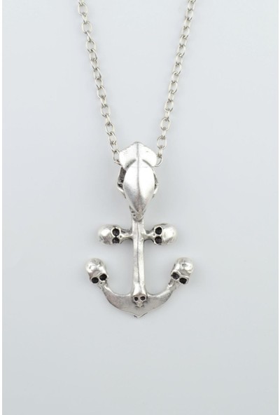 Bu Farklı Kuru Kafa Deniz Çapa Erkek Kadın Kolye Antik Gümüş Kaplama - 60 cm Düz Zincir