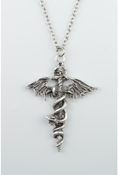 Bu Farklı Kılıç Yarasa Yılan Erkek Kadın Kolye Antik Gümüş Kaplama - 60 cm Düz Zincir