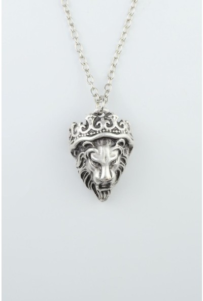 Bu Farklı Aslan Kral Kafası - Taçlı Erkek Kadın Kolye Antik Gümüş Kaplama - 60 cm Düz Zincir Bu Farklı Aslan Kral Kafası - Taçlı Erkek Kadın Kolye Antik Gümüş Kaplama - 60 cm Düz Zincir