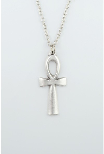 Bu Farklı Ankh Anahtarı - Nil'in Anahtarı Erkek Kadın Kolye Antik Gümüş Kaplama - 60 cm Düz Zincir