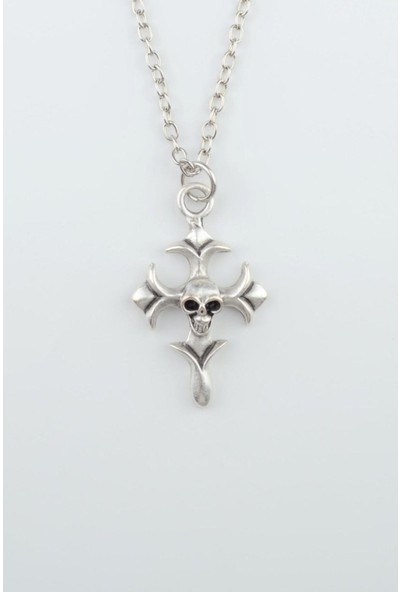 Bu Farklı Kuru Kafa Haç Erkek Kadın Kolye Antik Gümüş Kaplama - 60 cm Düz Zincir