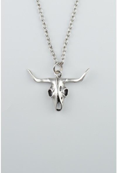 Bu Farklı Buffalo - Boğa Kuru Kafa Erkek Kadın Kolye Antik Gümüş Kaplama - 60 cm Düz Zincir