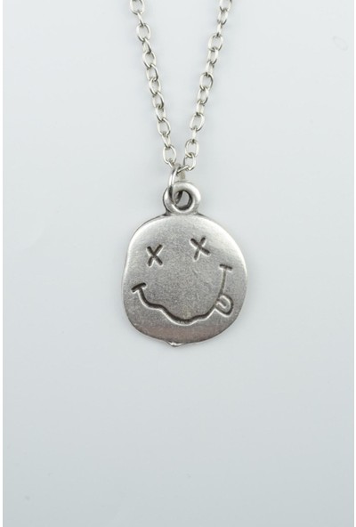 Bu Farklı Gülen Surat - Nirvana Erkek Kadın Kolye Antik Gümüş Kaplama - 60 cm Düz Zincir