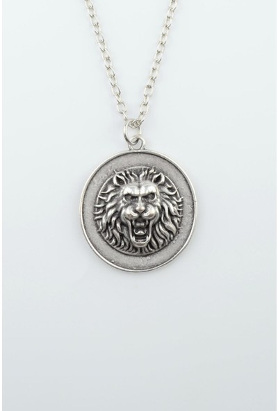 Bu Farklı Aslan Kabartmalı Madalyon Erkek Kadın Kolye Antik Gümüş Kaplama - 60 cm Düz Zincir