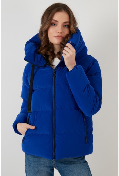 Lela Kapüşonlu Fermuarlı Şişme Mont Bayan Mont 497FLAME