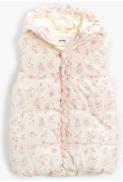 Koton Çiçekli Kapşonlu Şişme Yelek Fermuarlı