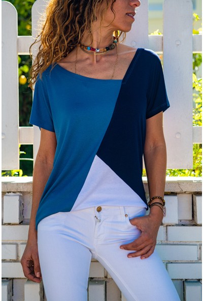 Güneş Kızı Kadın Indigo Color Block Salaş T-Shirt GK-JR402