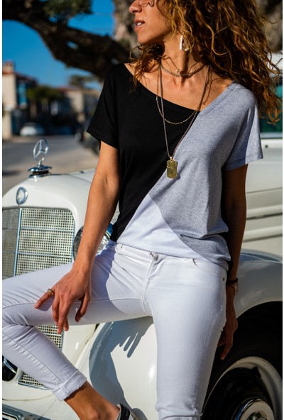 Güneş Kızı Kadın Siyah Color Block Salaş T-Shirt GK-JR402