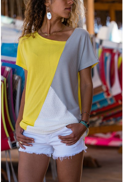 Güneş Kızı Kadın Sarı Color Block Salaş T-Shirt GK-JR402