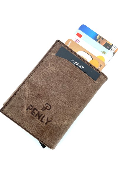 Penly Kahverengi Mekanizmalı Hakiki Deri Cüzdan