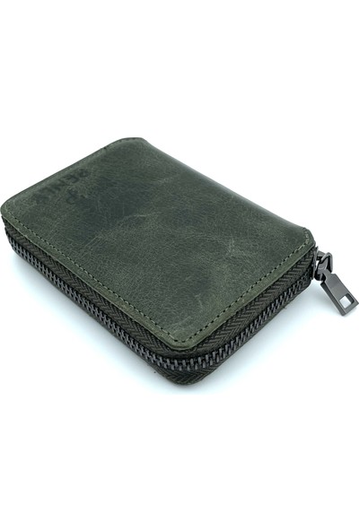 Penly Yeşil Fermuarlı Hakiki Deri Cüzdan