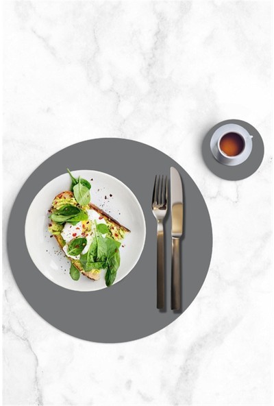 Nt Handmade 4 Parça Gri Yuvarlak Deri Amerikan Servisi Supla Isıya Dayanıklı Kaymaz Yıkanabilir