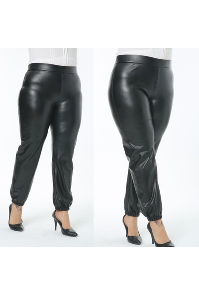 Büyük Bedenim Paçası Lastikli Deri Pantolon