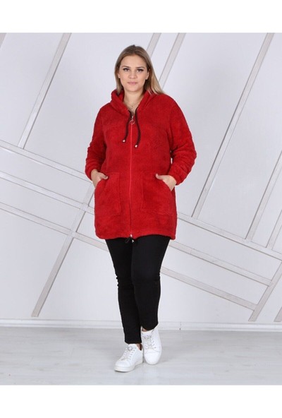 Big Love Cepli , Fermuarlı ve Kapşonlu Büyük Beden Polar Peluş Hırka Kırmızı