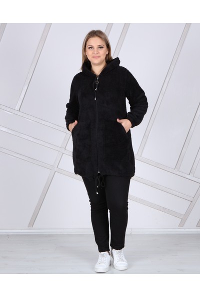 Big Love Cepli, Fermuarlı ve Kapşonlu Büyük Beden Wellsoft Peluş Polar Hırka Siyah