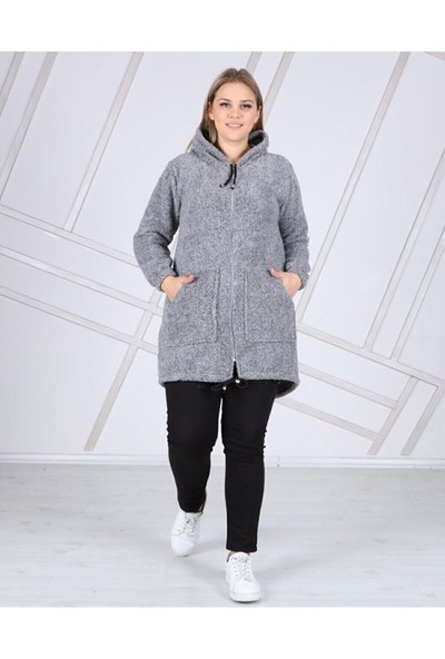 Big Love Cepli, Fermuarlı ve Kapşonlu Büyük Beden Wellsoft Peluş Polar Hırka Gri