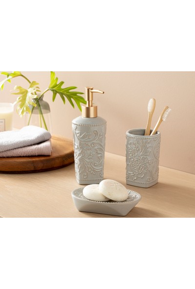 English Home Floret 3'lü Banyo Setı 8X8X20+7X7X10+14X10X3 cm Gri English Home Floret 3'lü Banyo Setı 8X8X20+7X7X10+14X10X3 cm Gri