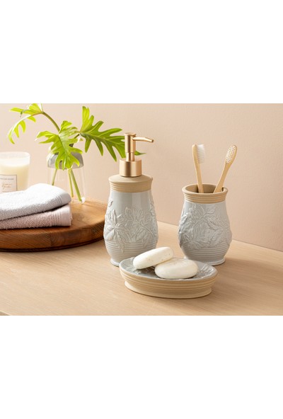 English Home Elegant Leaf 3'lü Banyo Setı 8X8X20+7X7X10+14X10X3 cm Gri English Home Elegant Leaf 3'lü Banyo Setı 8X8X20+7X7X10+14X10X3 cm Gri