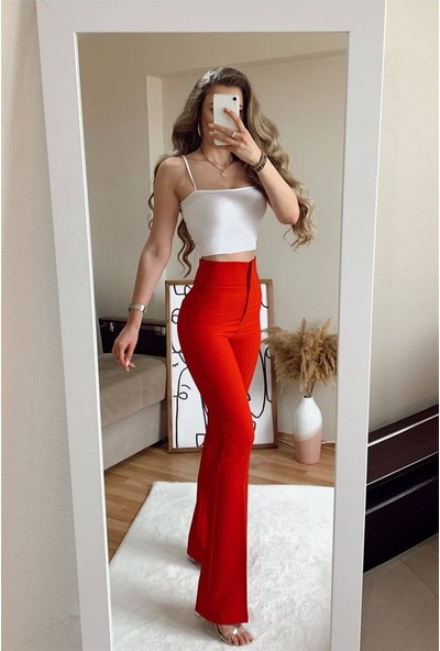 Eka Kadın Kırmızı Geniş Kemer Ispanyol Paça Pantolon 1006-3539